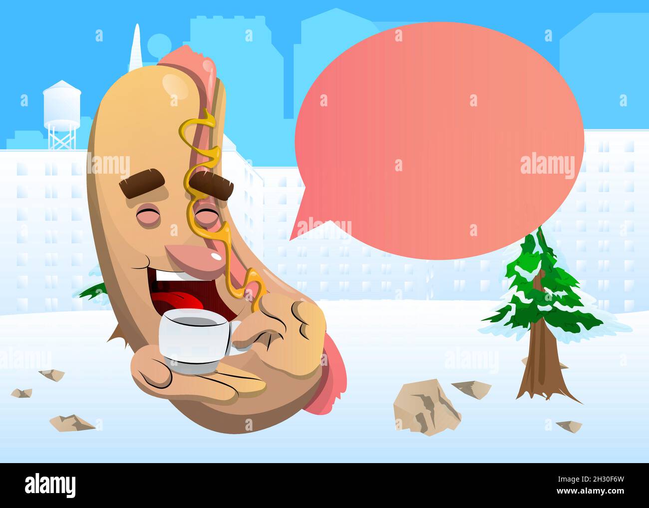 Hot Dog holding a cup of coffee. American fast food as a cartoon ...