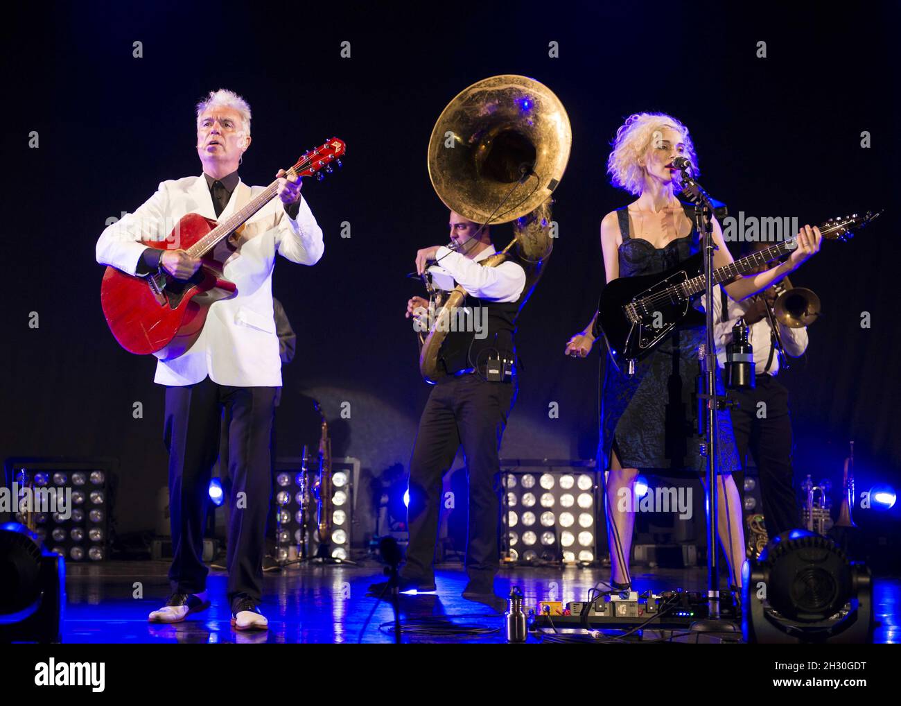 David Byrne and St Vincent (Anna Erin Clarke) peforms live on stage on ...