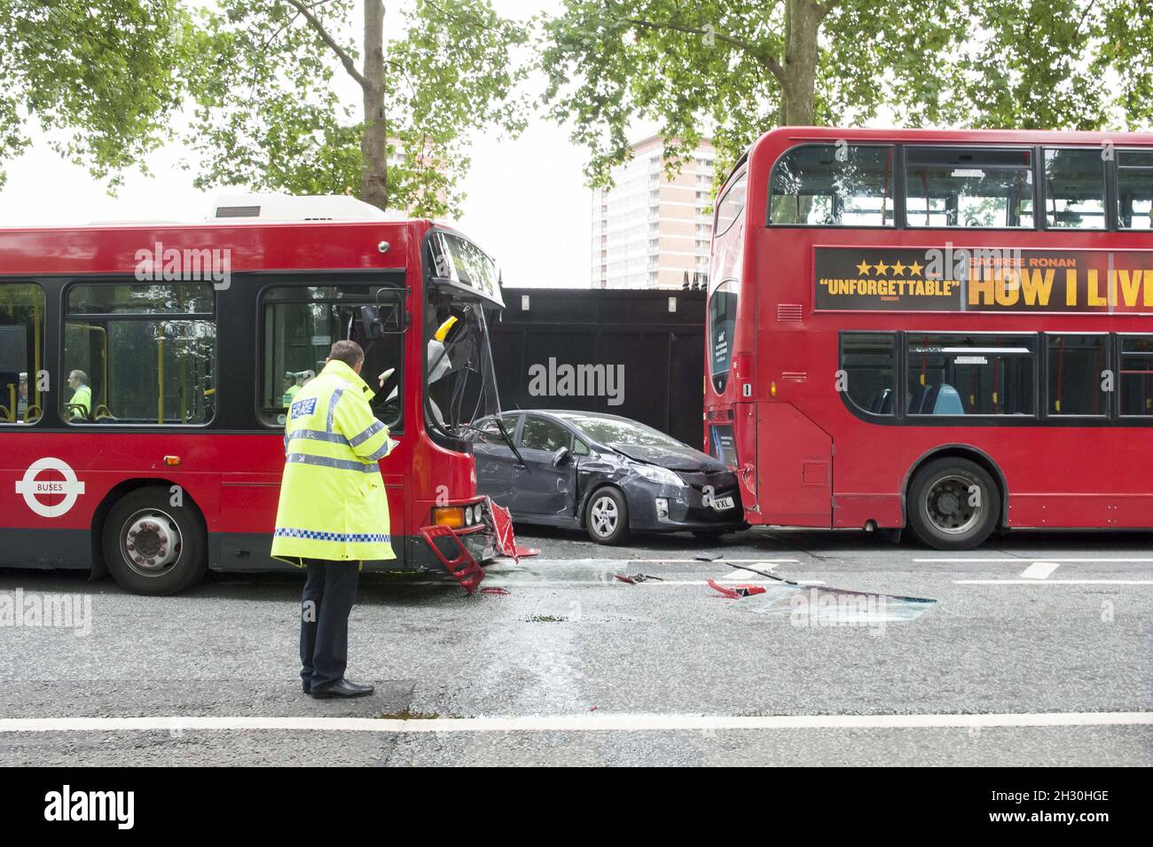 3 London buses and 2 cars collide on, Chelsea Bridge Road, London Stock ...