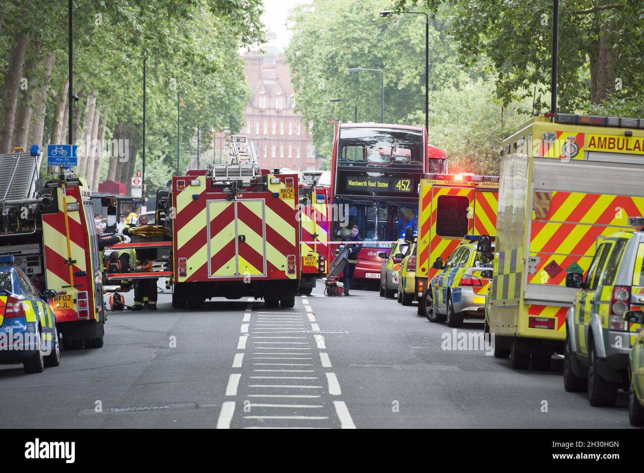 3 London buses and 2 cars collide on, Chelsea Bridge Road, London Stock ...