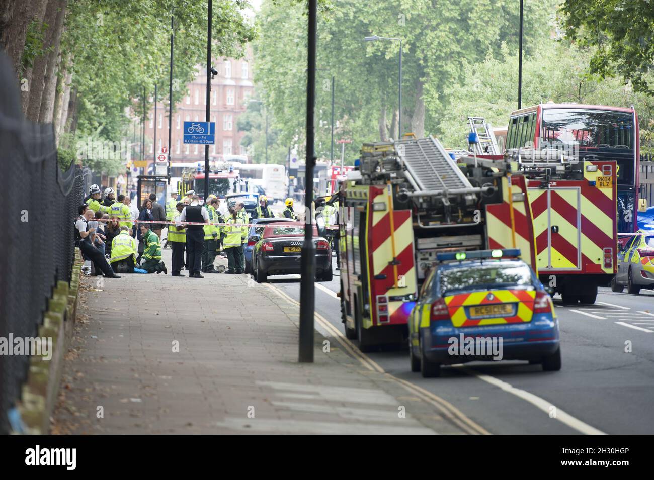 3 London buses and 2 cars collide on, Chelsea Bridge Road, London Stock ...