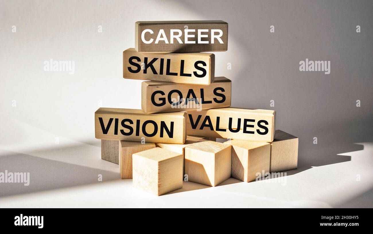 Career, skills, values, vision, goal. Words on wooden blocks and white ...