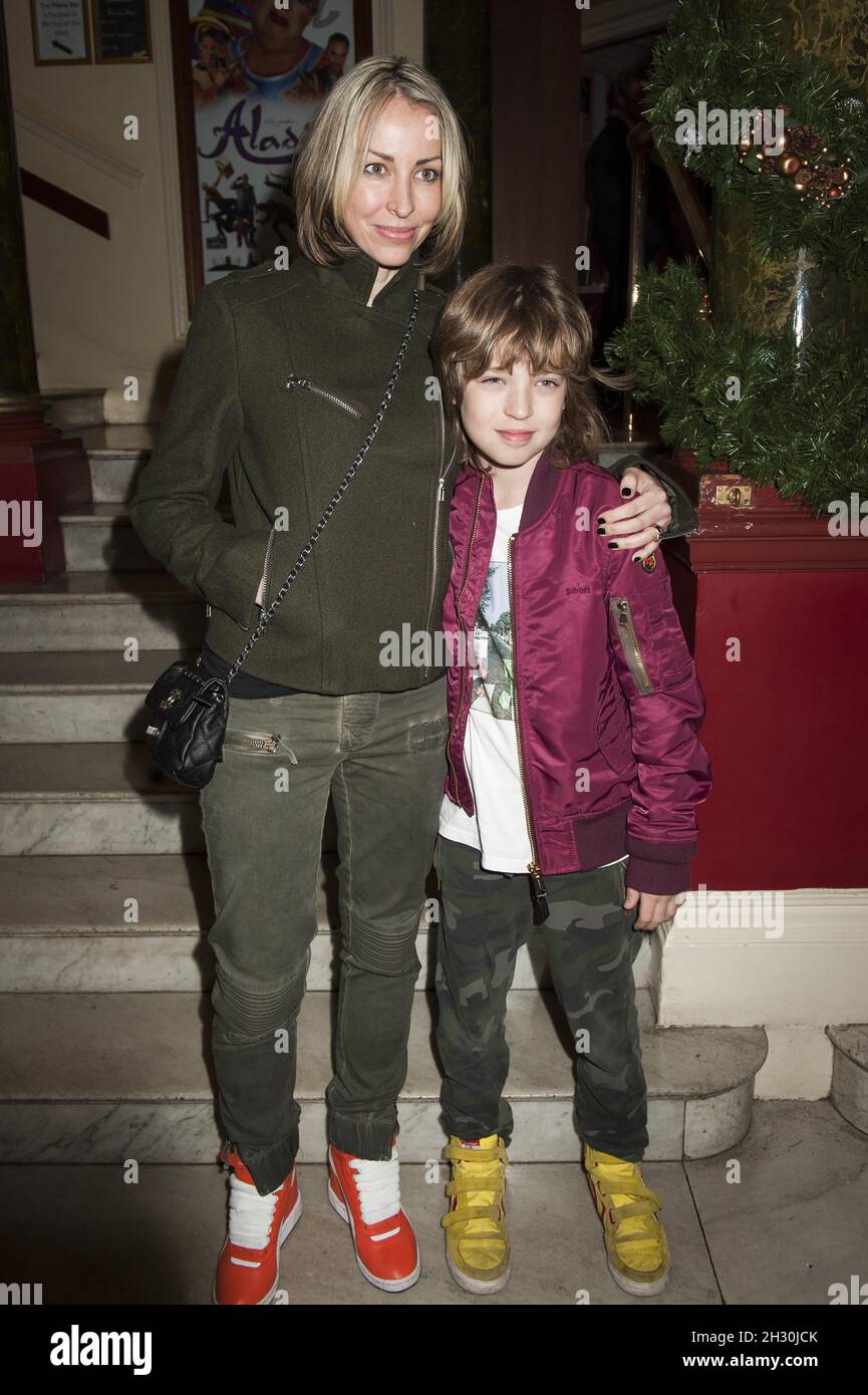 Natalie Appleton and son attend the opening night of Aladdin at the ...