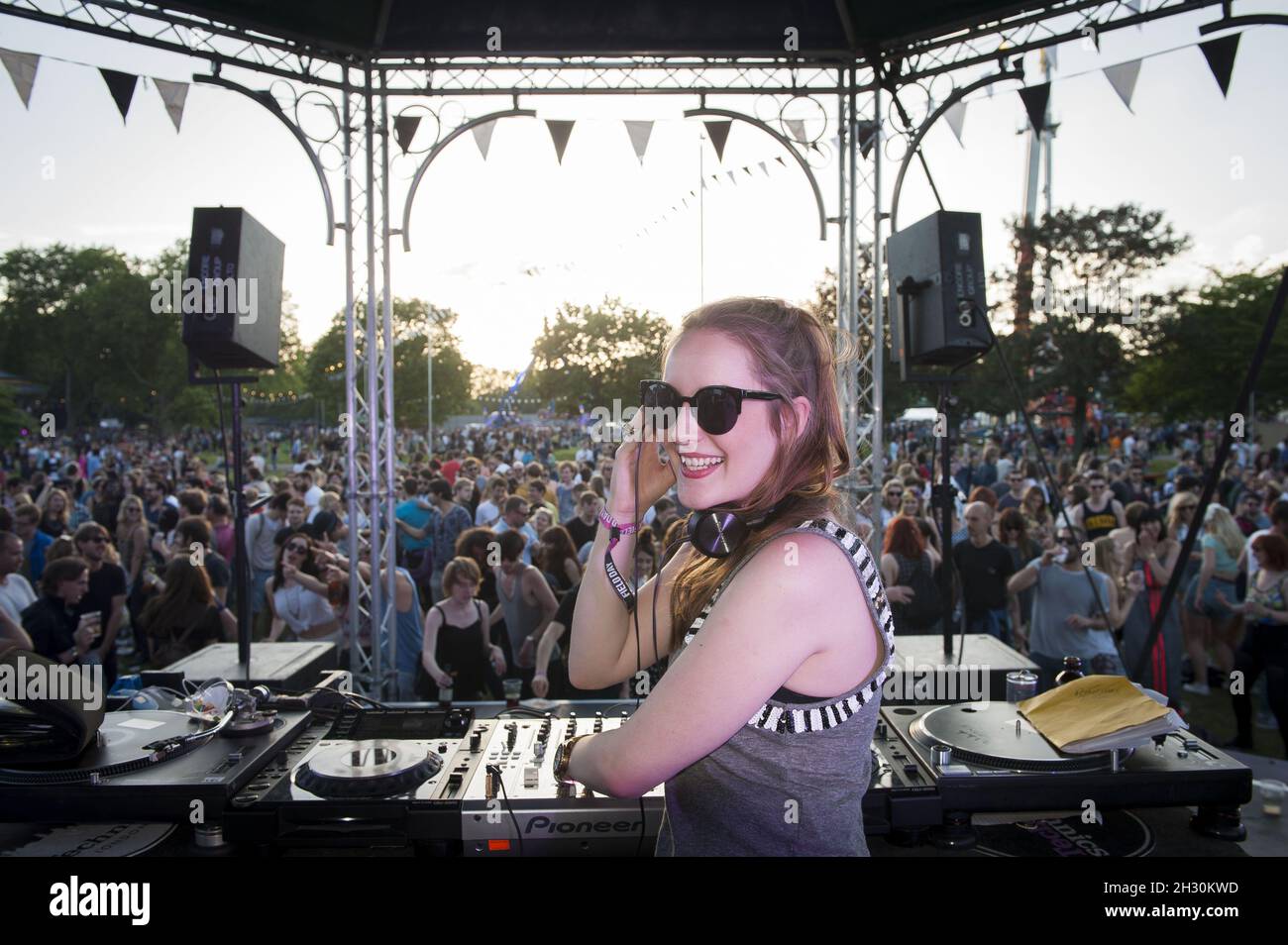 A DJ plays on the band stand on day one of Field Day festival in ...