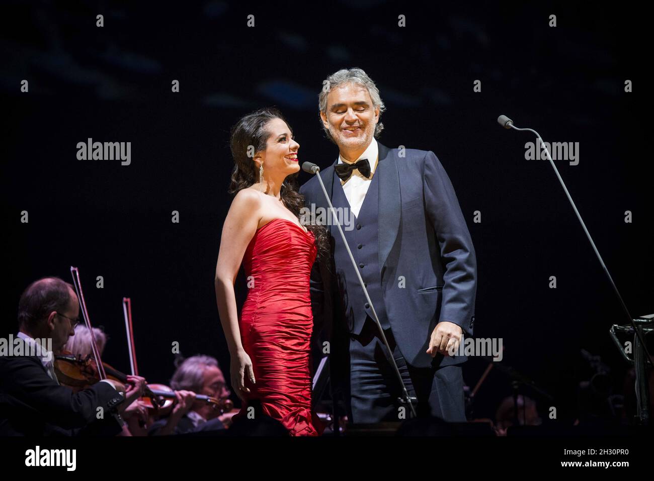 Soprano Maria Aleida joins Andrea Bocelli on stage at the O2 Arena in ...