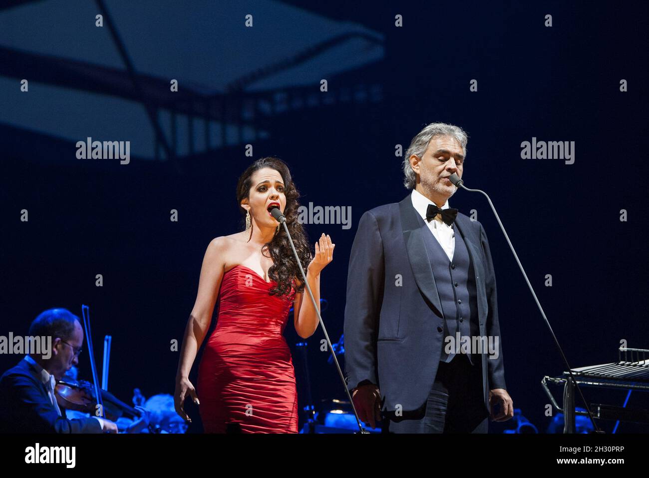 Soprano Maria Aleida joins Andrea Bocelli on stage at the O2 Arena in ...