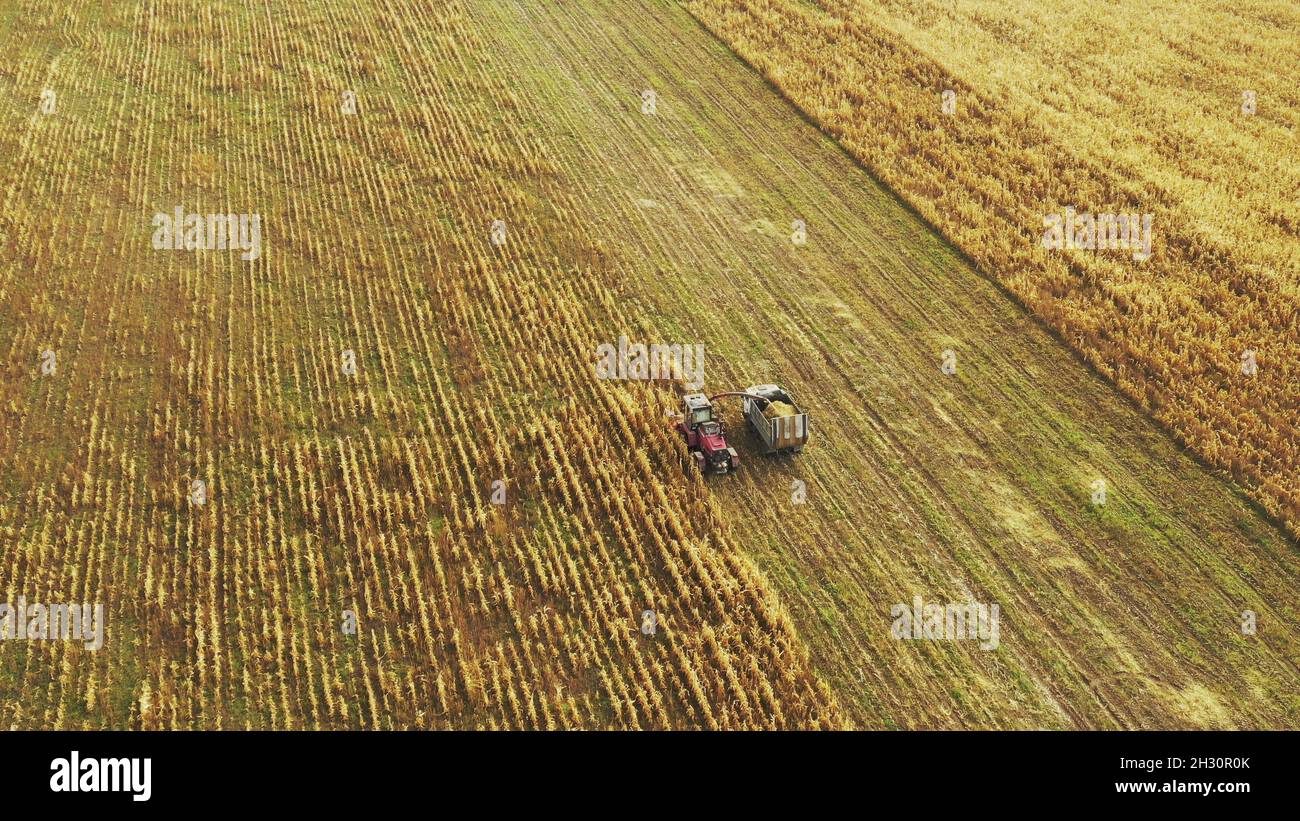 Aerial View Of Rural Landscape. Combine Harvester And Tractor Working ...