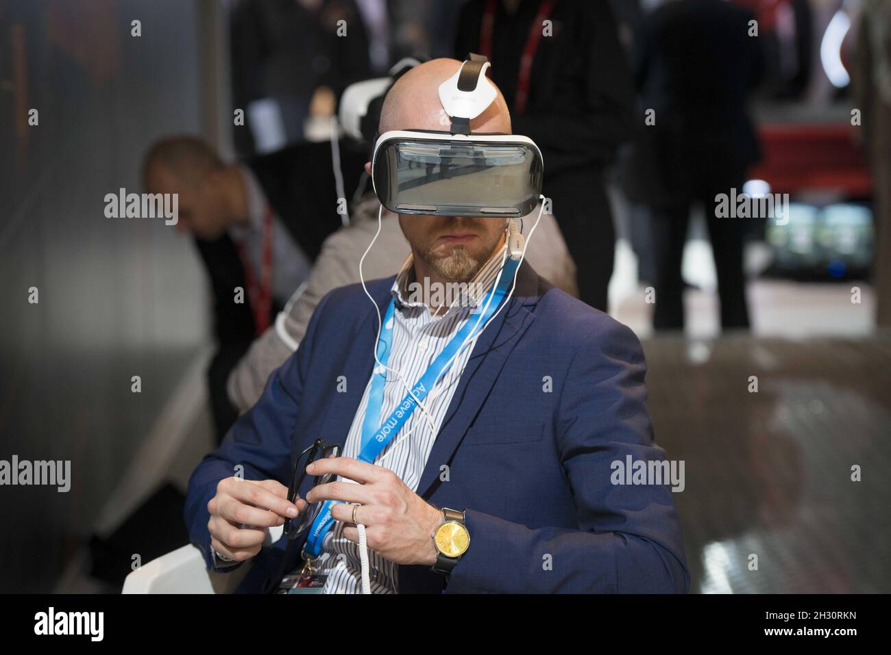 Oculus Virtual Reality headset being used at the Mobile World Congress ...