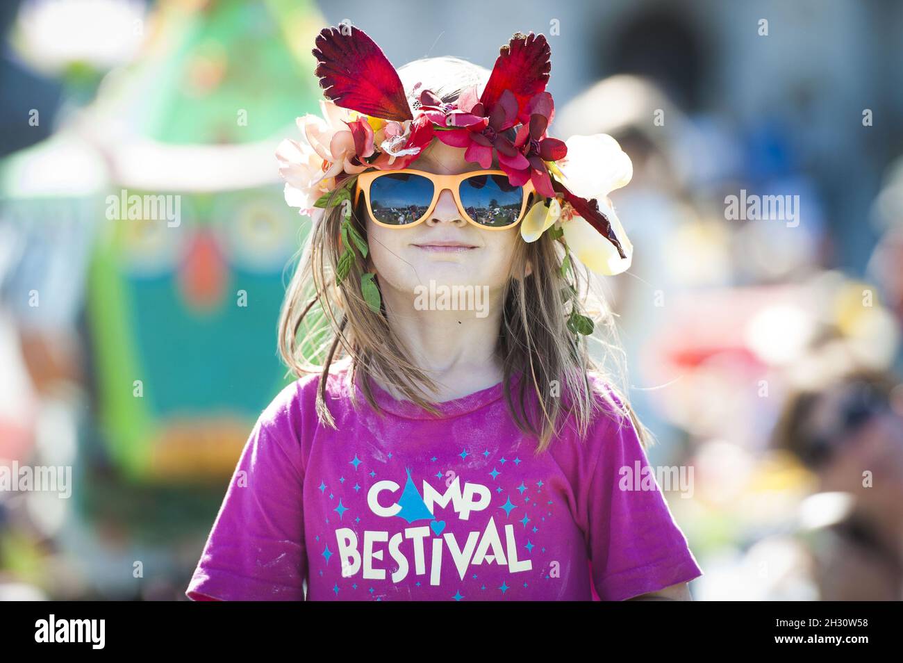 A young Festival goer on day 1 of Camp Bestival 2015, Lulworth Castle ...