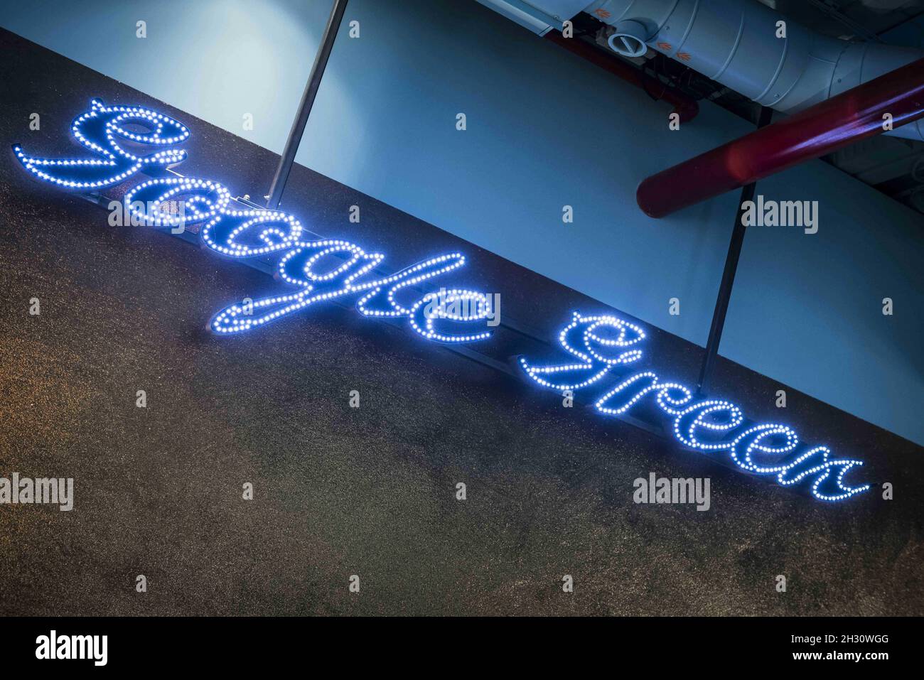 A Google Green sign inside the Google London headquarters, Giles street ...