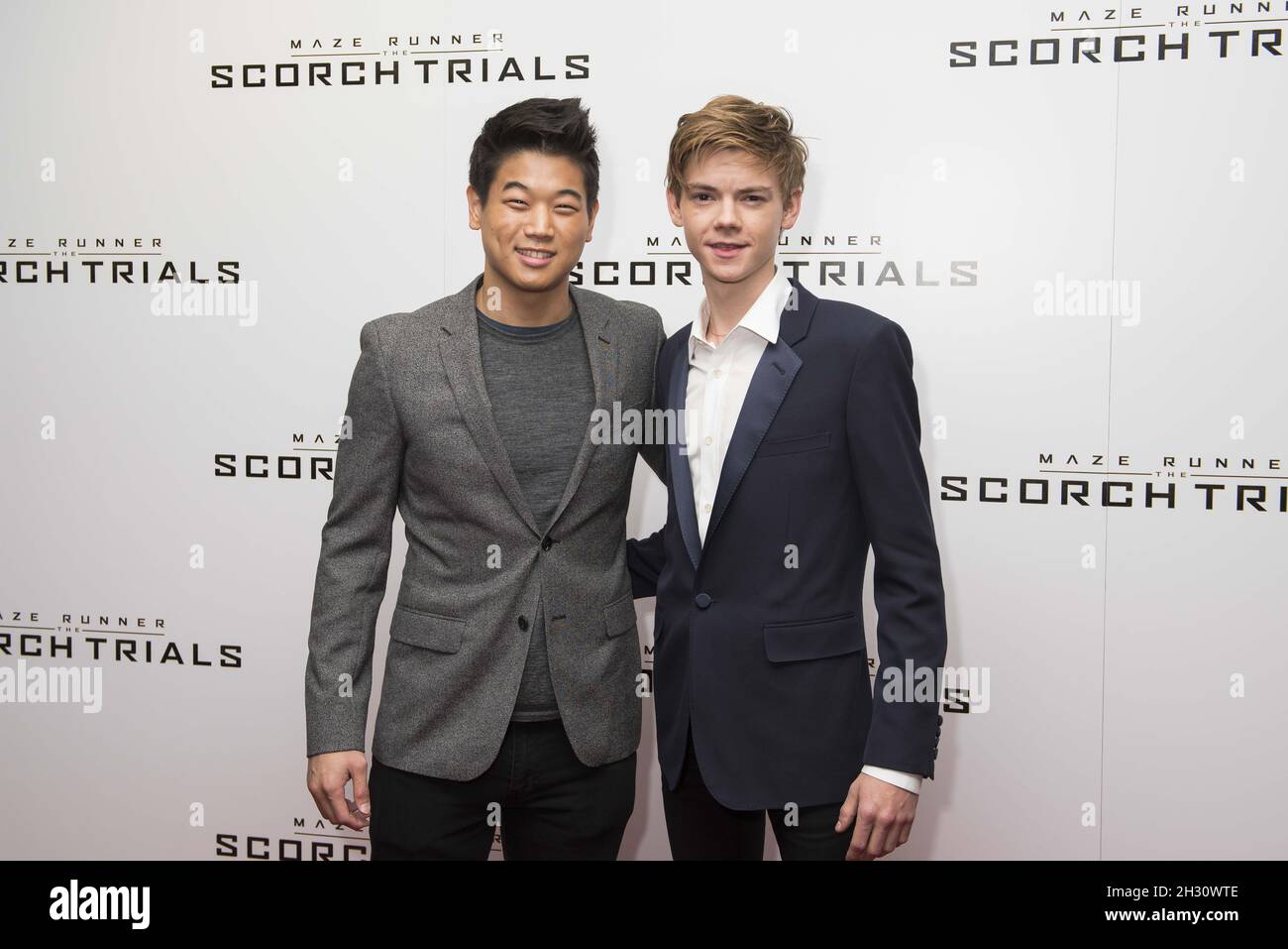 Ki Hong Lee and Thomas Brodie-Sangster attend the Maze Runner: The Scorch Trials UK fan event at ...