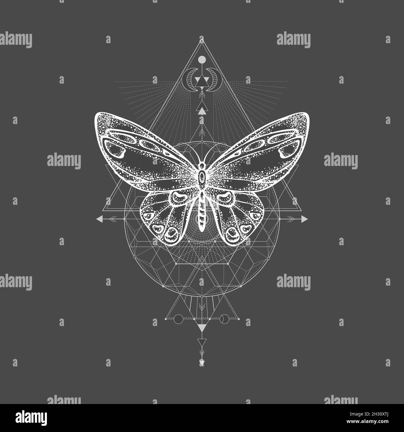 Vector illustration with hand drawn butterfly and Sacred geometric ...
