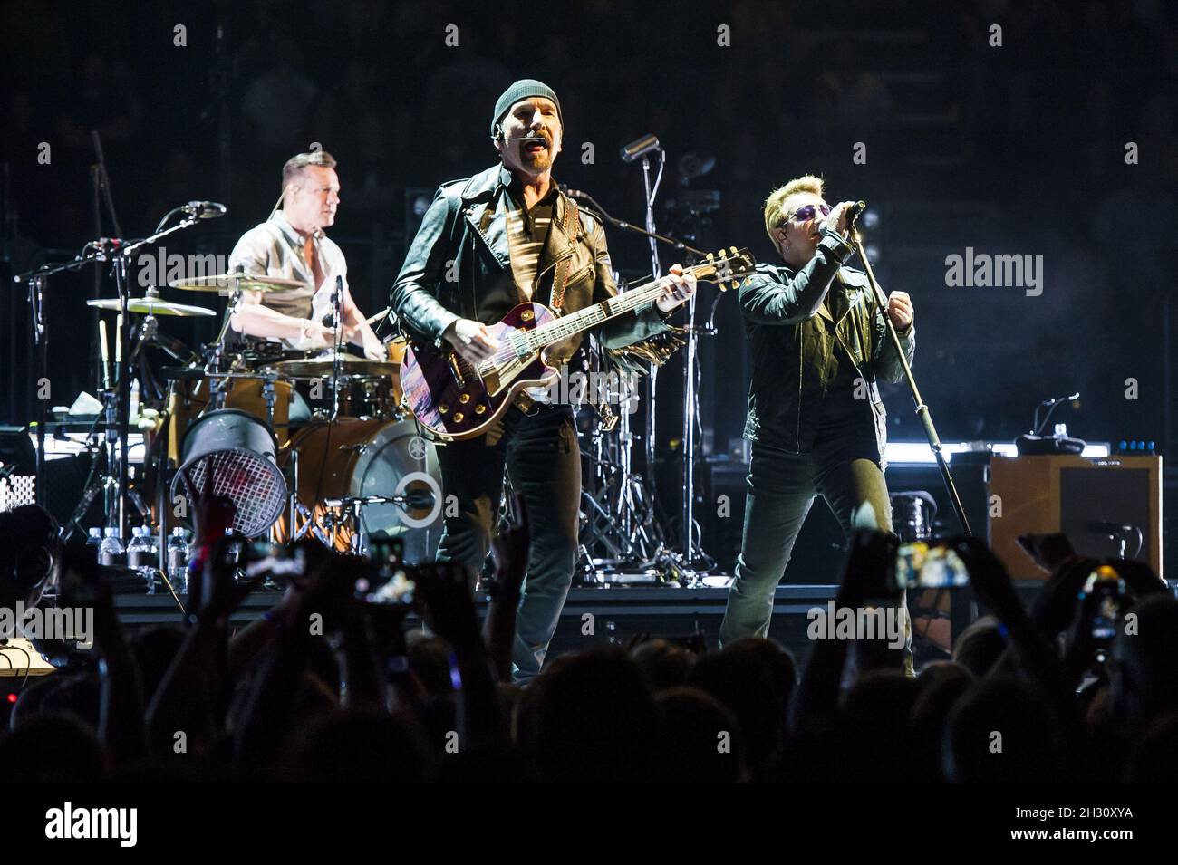 U2 perform live on stage at the O2 arena, Greenwich, London Stock Photo ...
