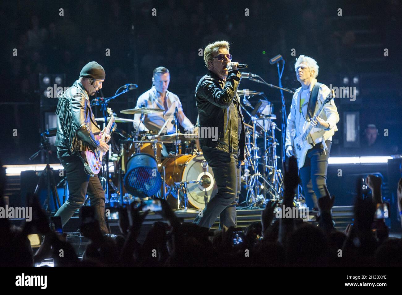 U2 perform live on stage at the O2 arena, Greenwich, London Stock Photo ...
