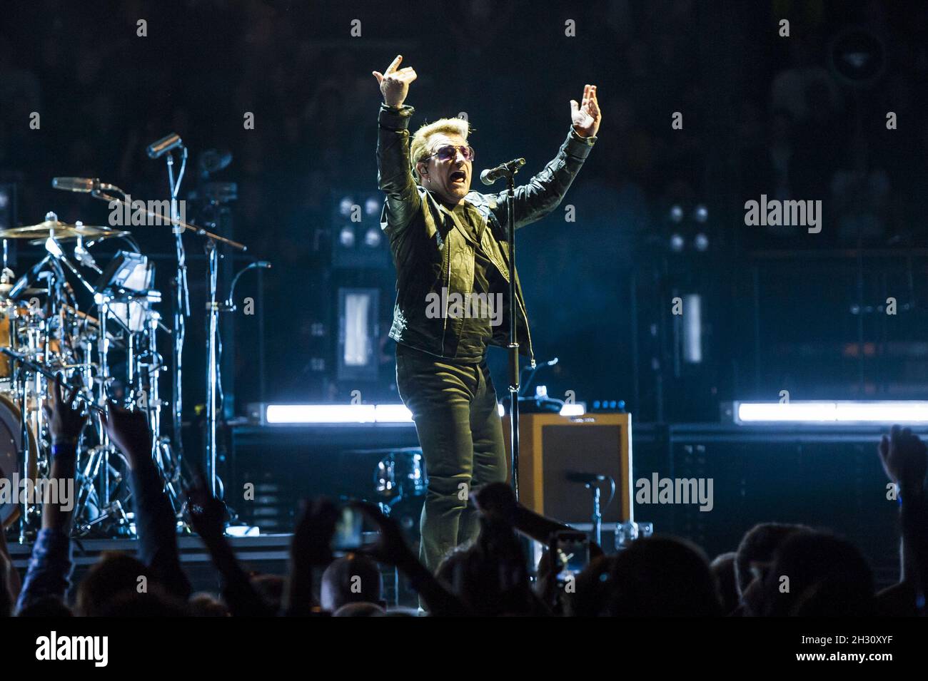 Bono of U2 performs live on stage at the O2 arena, Greenwich, London ...