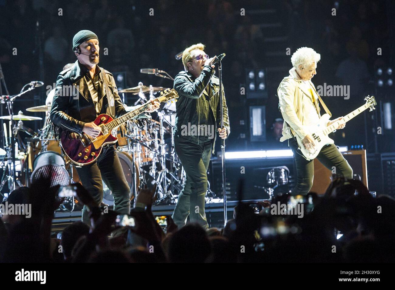 U2 perform live on stage at the O2 arena, Greenwich, London Stock Photo ...