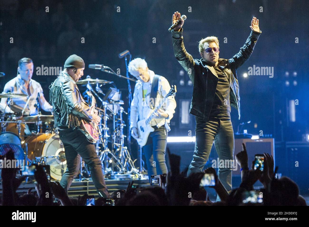 U2 perform live on stage at the O2 arena, Greenwich, London Stock Photo ...