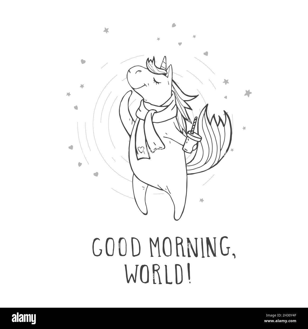 Vector illustration of hand drawn cute unicorn in scarf with coffee ...