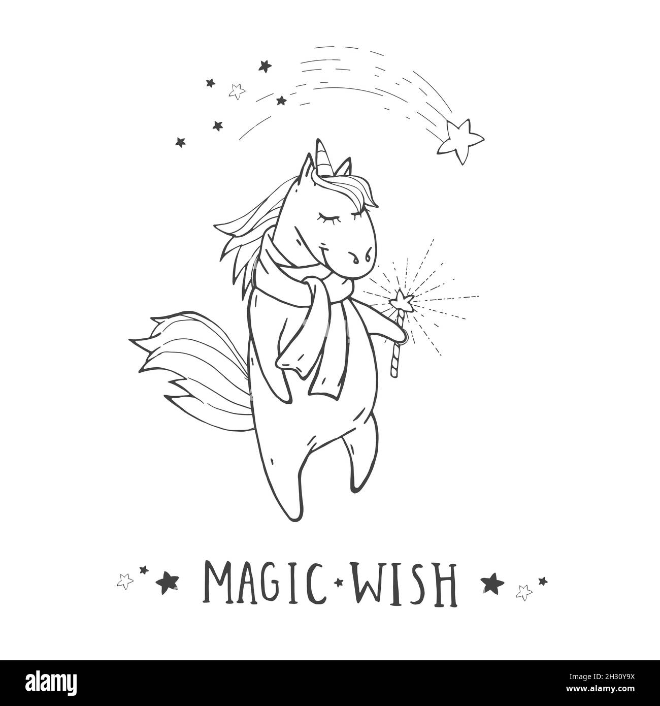Vector illustration of hand drawn cute unicorn in scarf with shooting ...