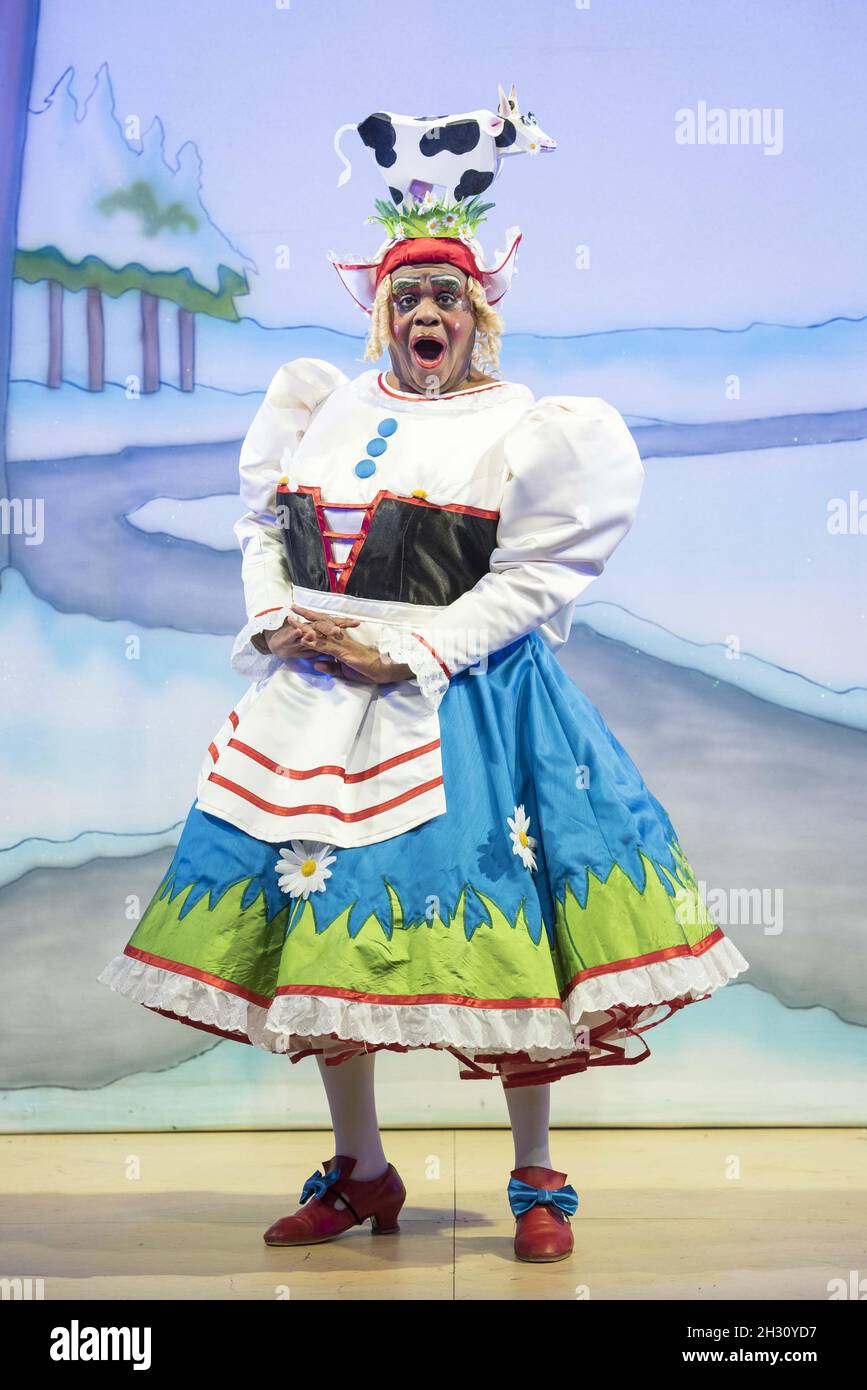 Clive Rowe (Dame Daisy Trott) on stage during the photo call of Hackney ...