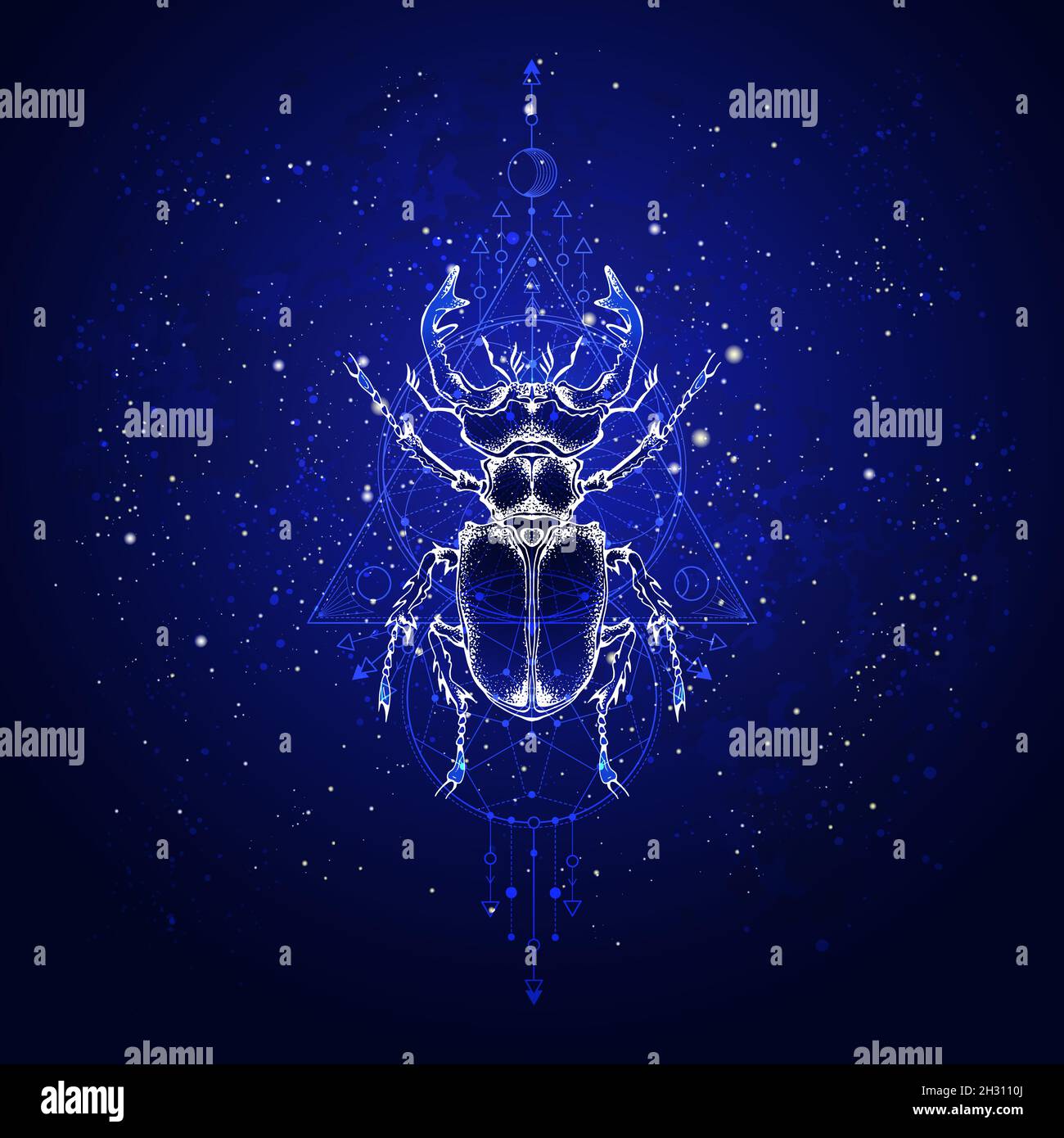 Vector illustration with hand drawn stag beetle and Sacred geometric ...
