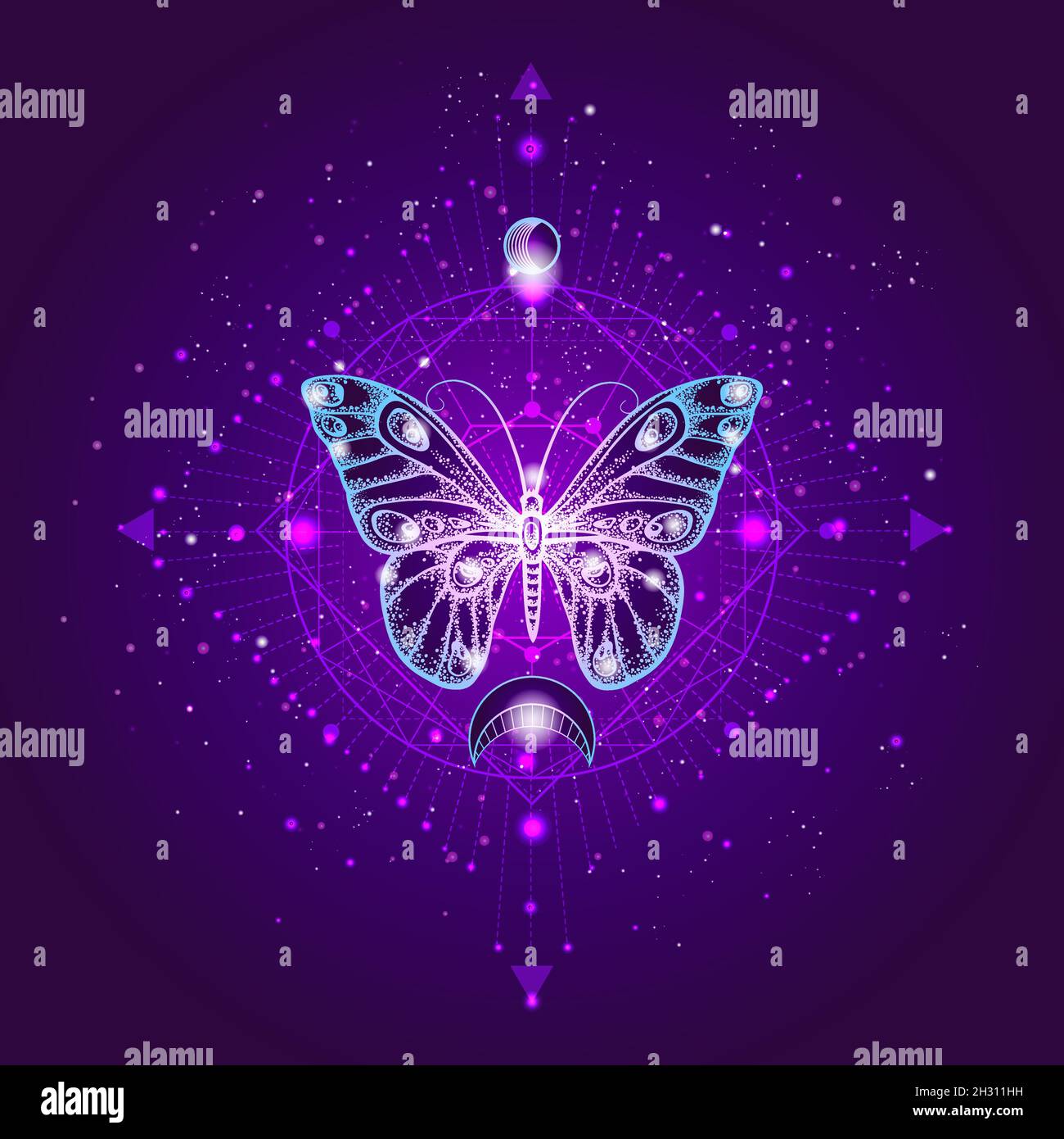 Vector illustration with hand drawn butterfly and Sacred geometric ...