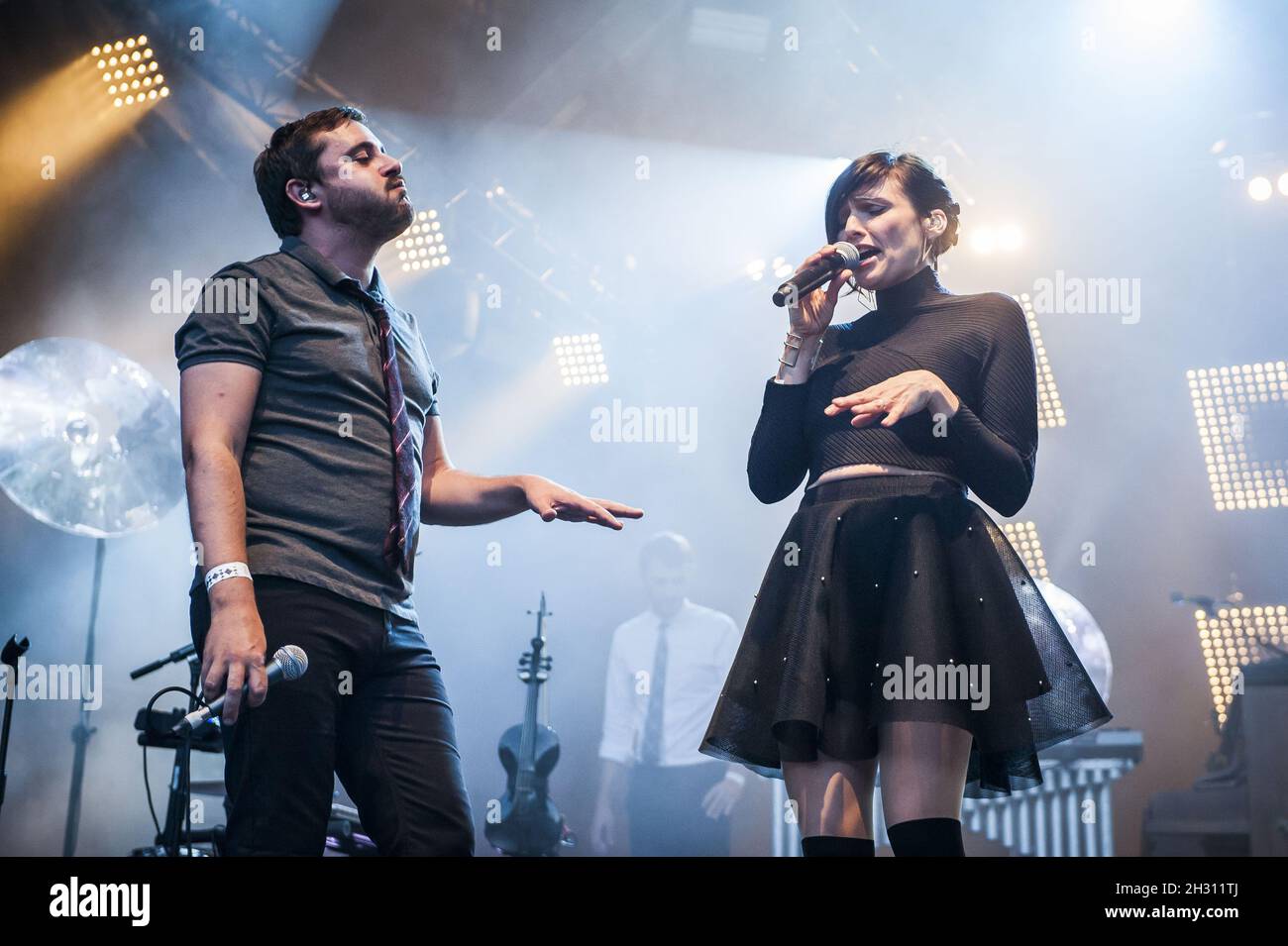 Hugues Payen and ZoÃ© Colotis of Caravan Palace perform live on stage ...