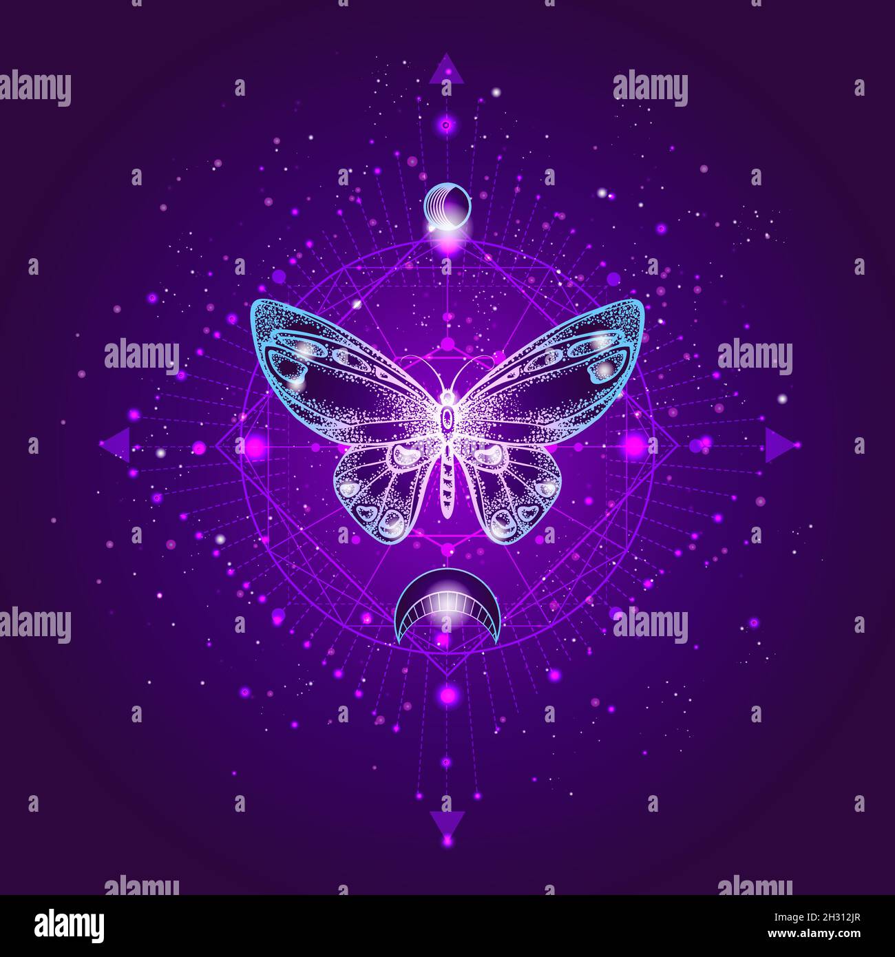 Vector illustration with hand drawn butterfly and Sacred geometric ...