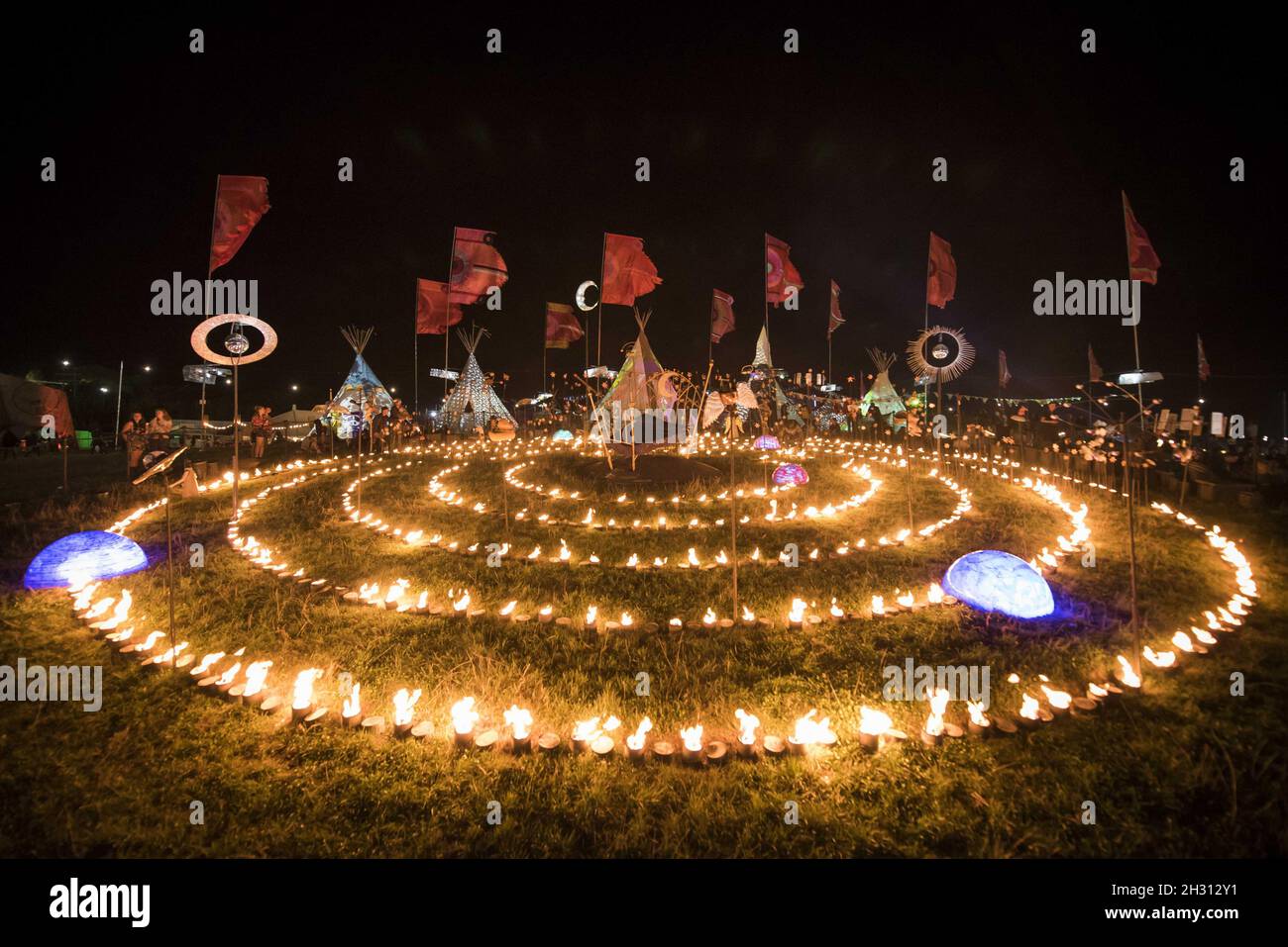 General view of a solar system fire art display on day 2 of Bestival ...
