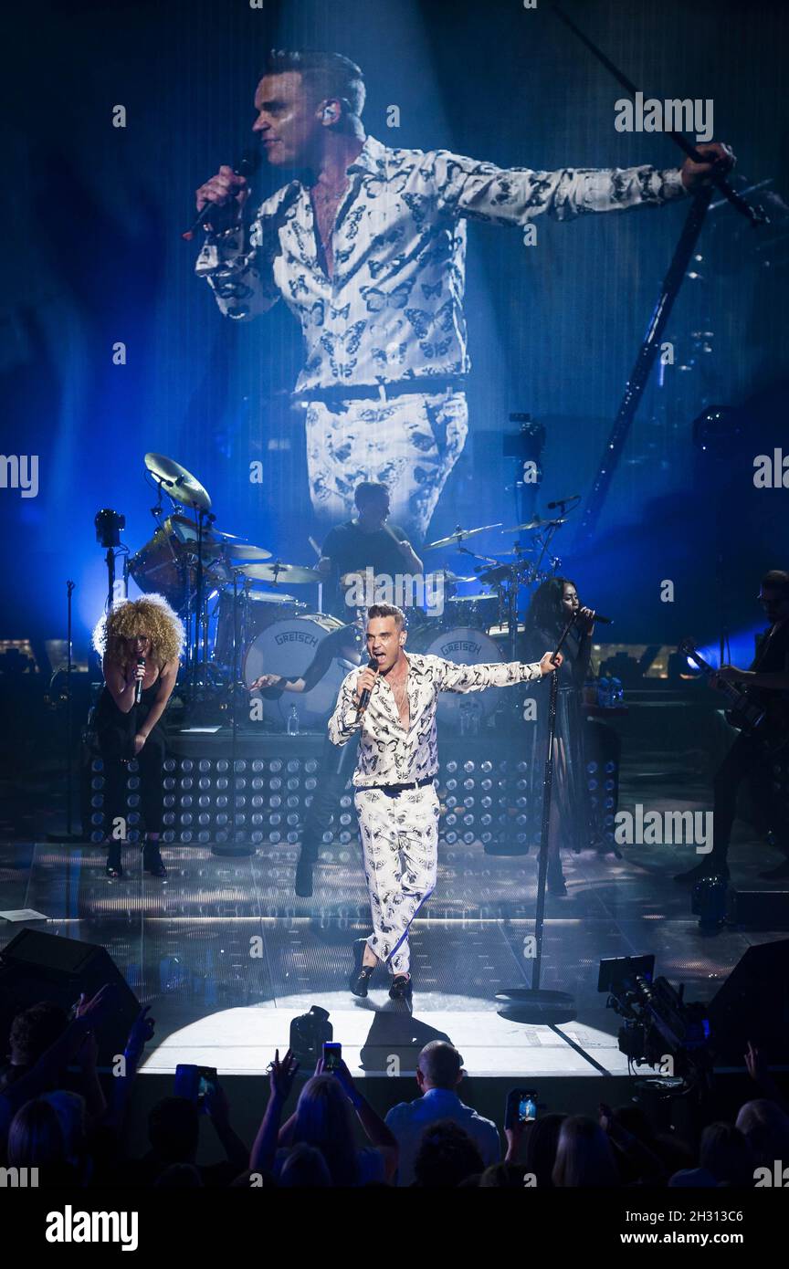 Robbie Williams performs live on stage as part of the Apple Music ...