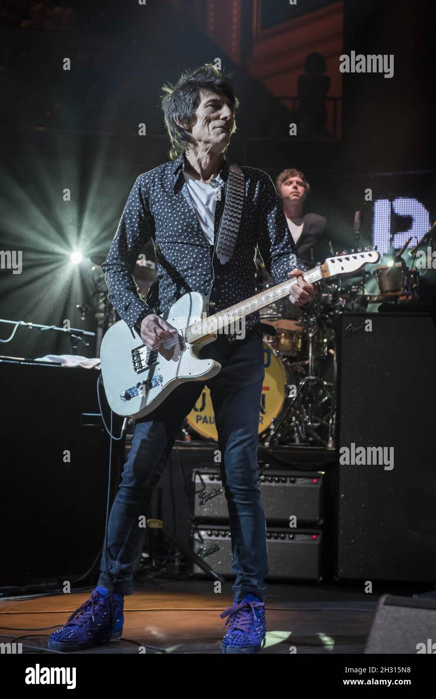 Ronnie Wood performs on stage for the Teenage Cancer Trust annual ...