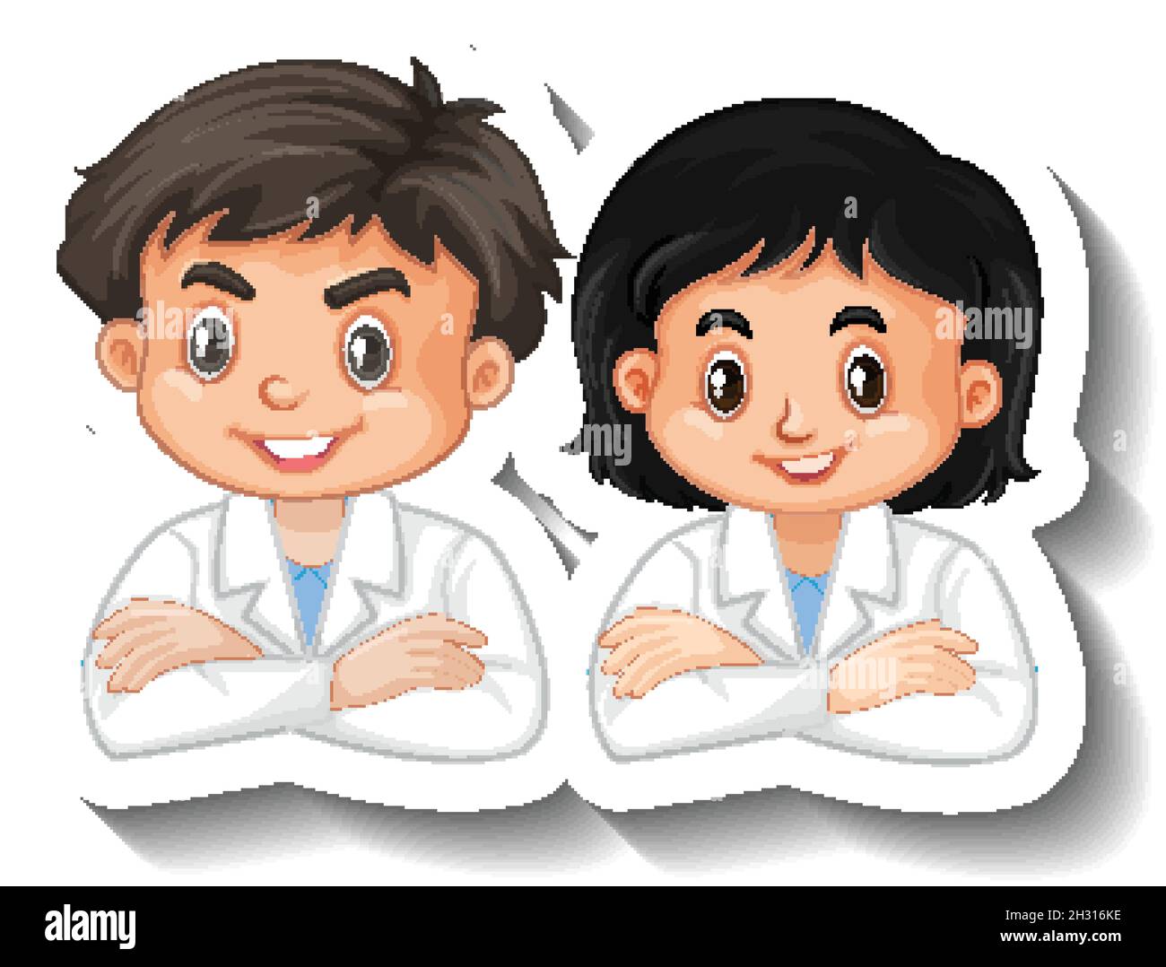 Scientist couple kids cartoon character sticker illustration Stock ...