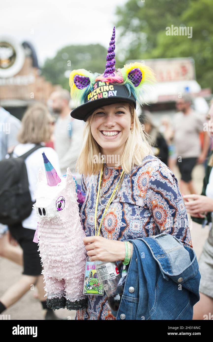 Festival goer in fancy dress at Glastonbury Festival, Worthy Farm ...