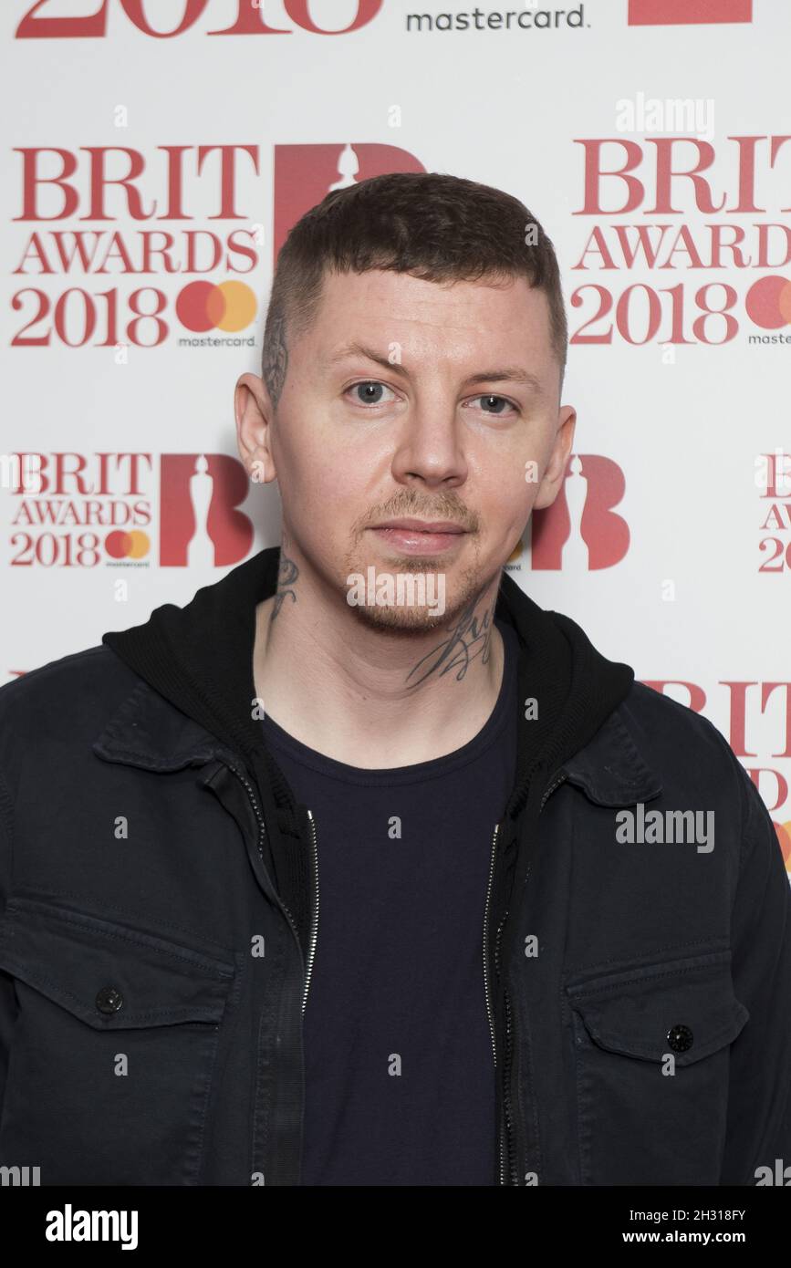 EDITORIAL USE ONLY Professor Green attending the Brit Awards 2018 ...