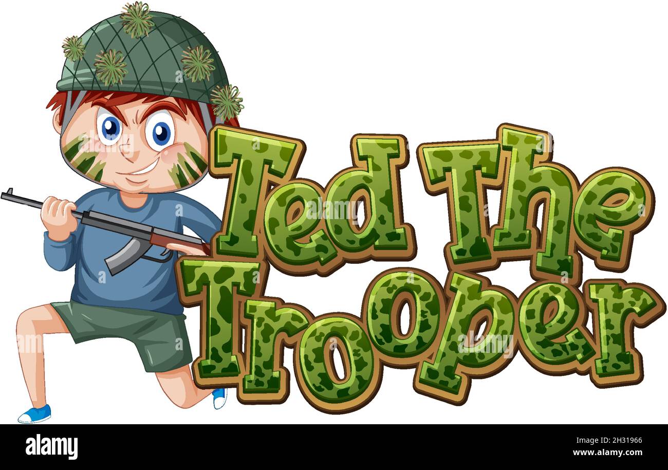 Ted The Trooper logo text design with a boy holding rifle illustration ...