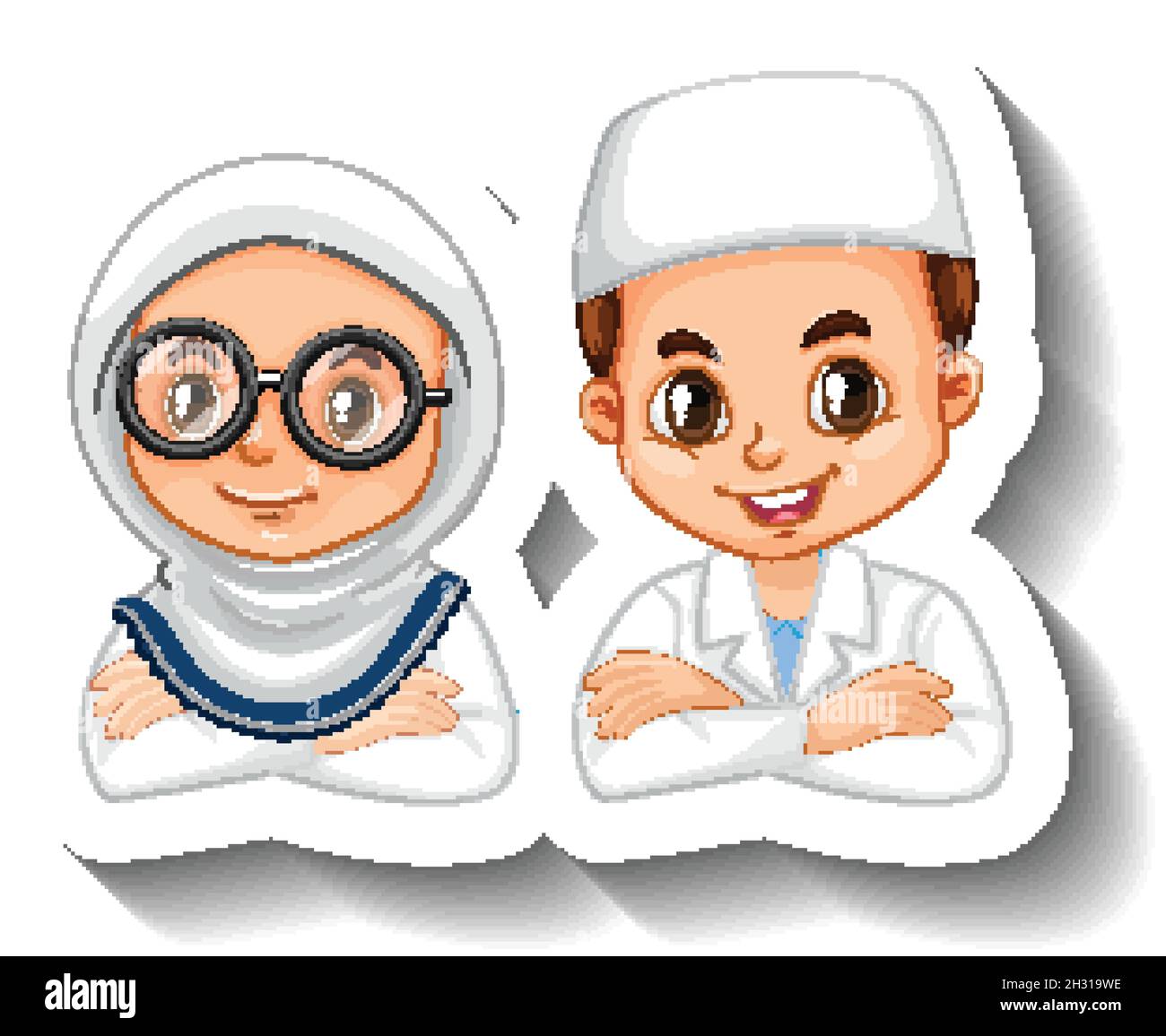 Scientist muslim couple kids cartoon character sticker illustration ...