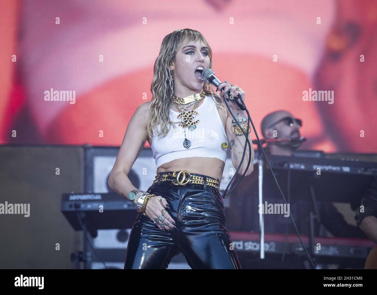 Miley Cyrus performs live on the Pyramid Stage at Worthy Farm, Pilton ...