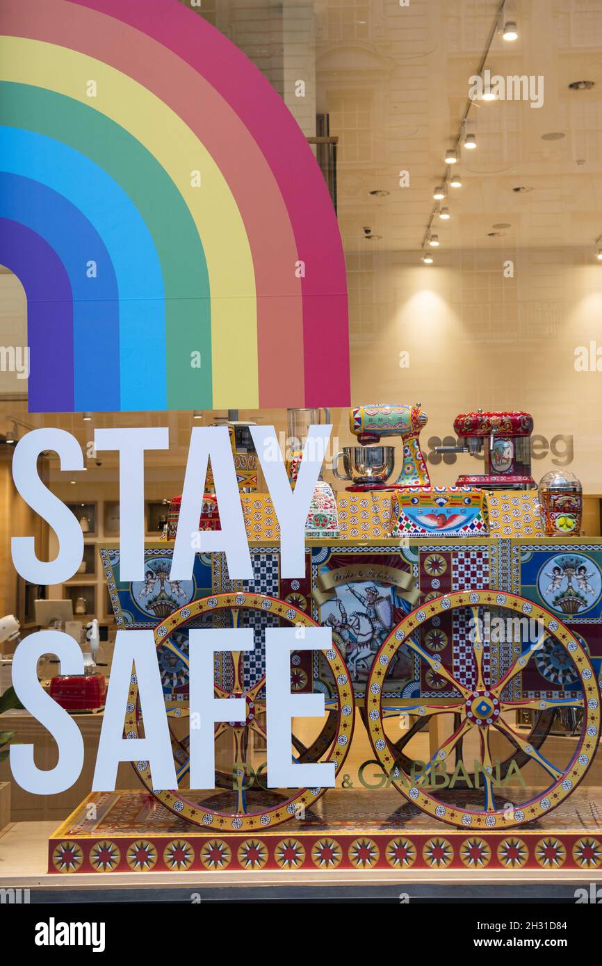A stay safe sign is displayed in a Smeg shop window, during the ...