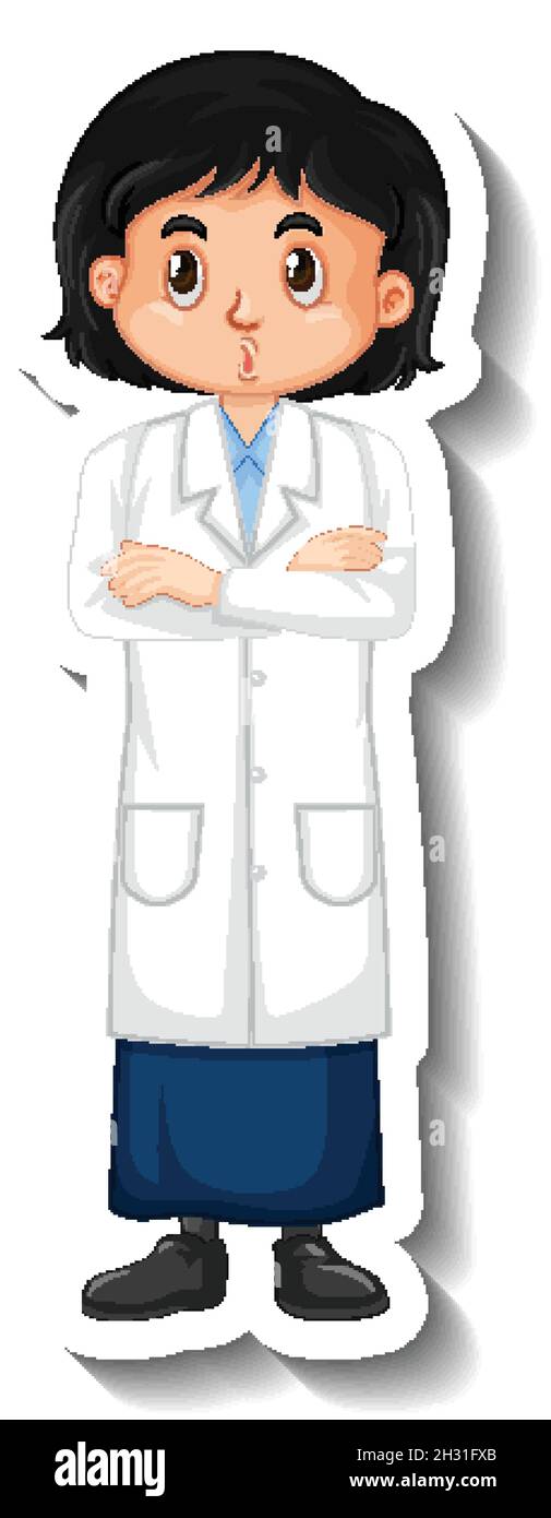 Scientist student girl cartoon character sticker illustration Stock ...