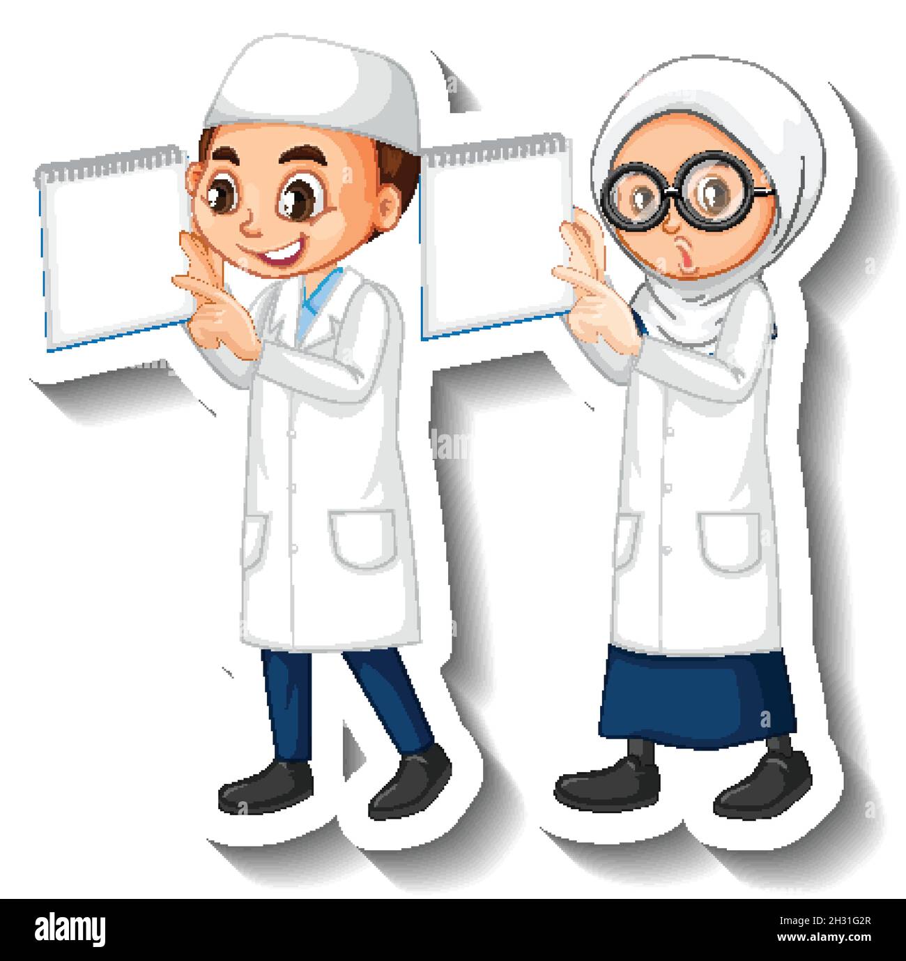 Scientist muslim couple kids cartoon character sticker illustration ...