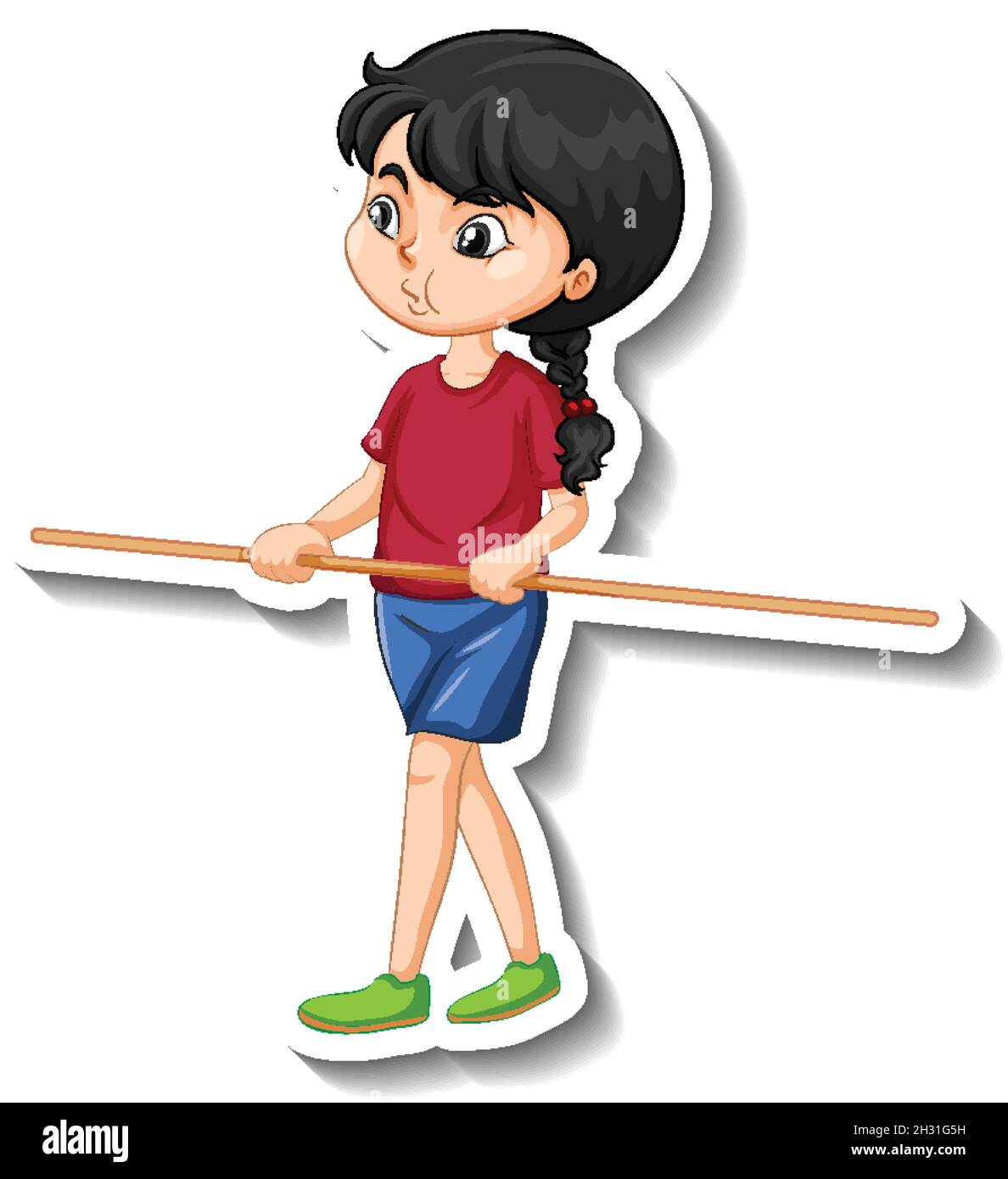 Cartoon character sticker with a girl holding wooden stick illustration ...