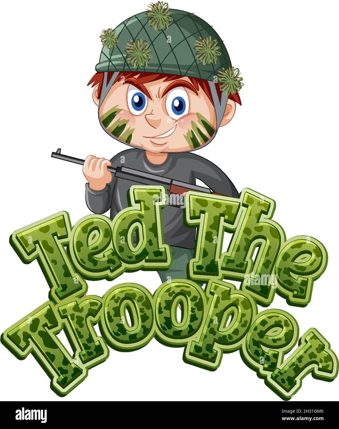 Ted The Trooper logo text design with a boy holding rifle illustration ...