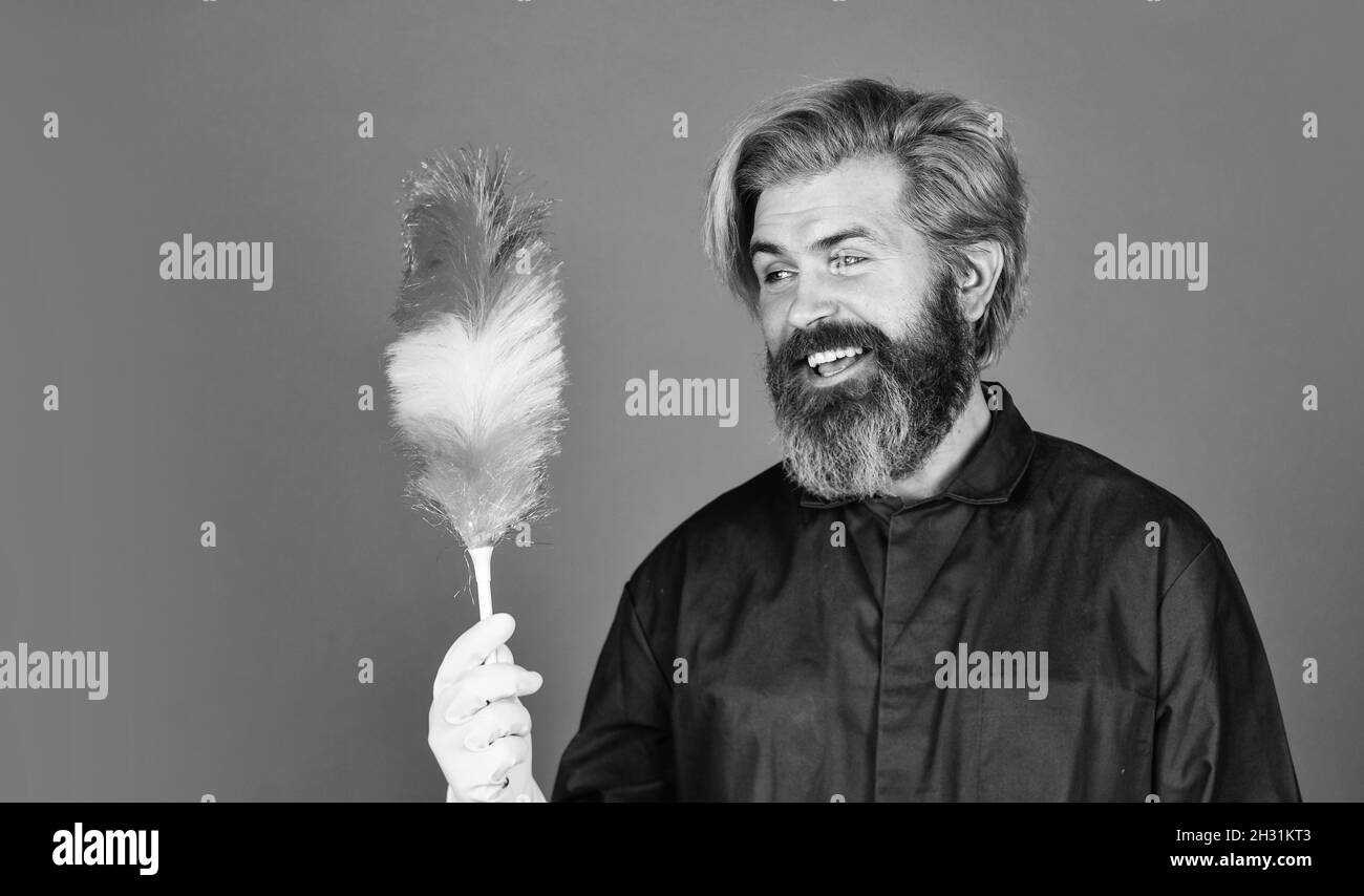Man holding cleaning supplies Black and White Stock Photos & Images - Alamy