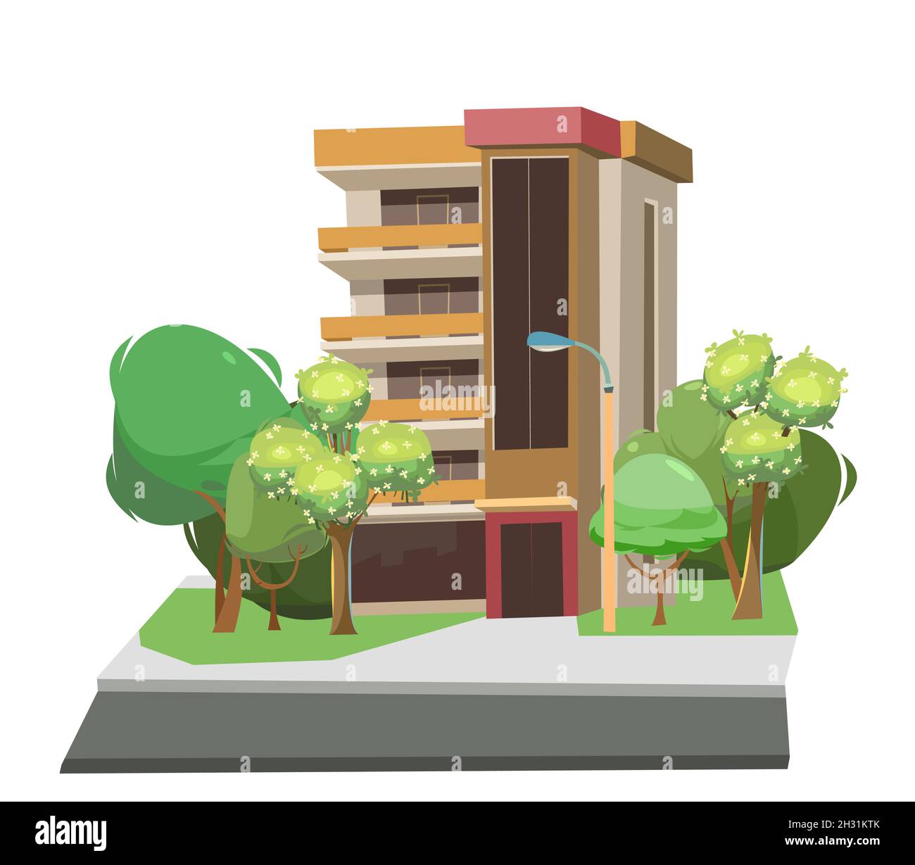 City building. Among the trees. Residential building with windows and ...