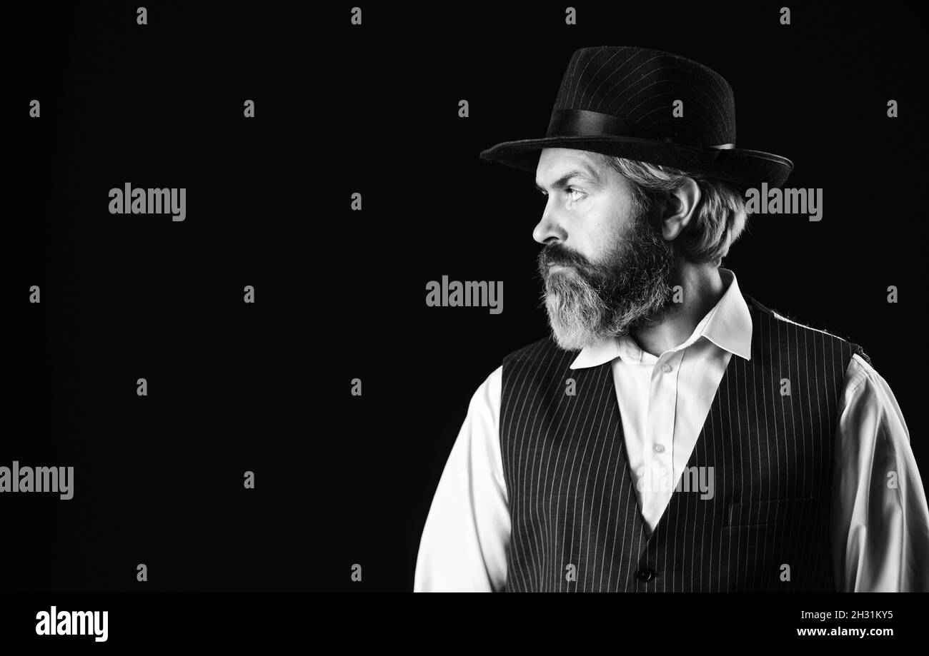 Man with retro Hat. brutal bearded hipster in suit vest. mafia ...