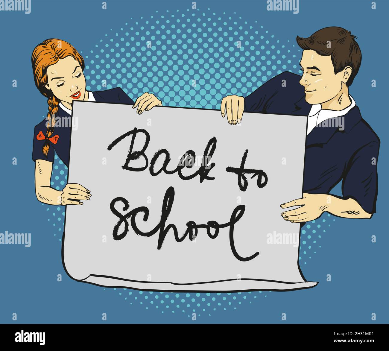 Pupils hold poster with back to school sign. Vector illustration in ...