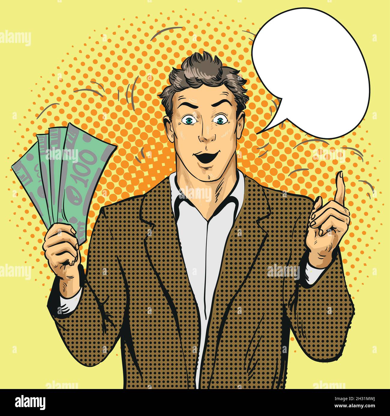 Rich handsome guy hold money and point his finger up. Business concept ...