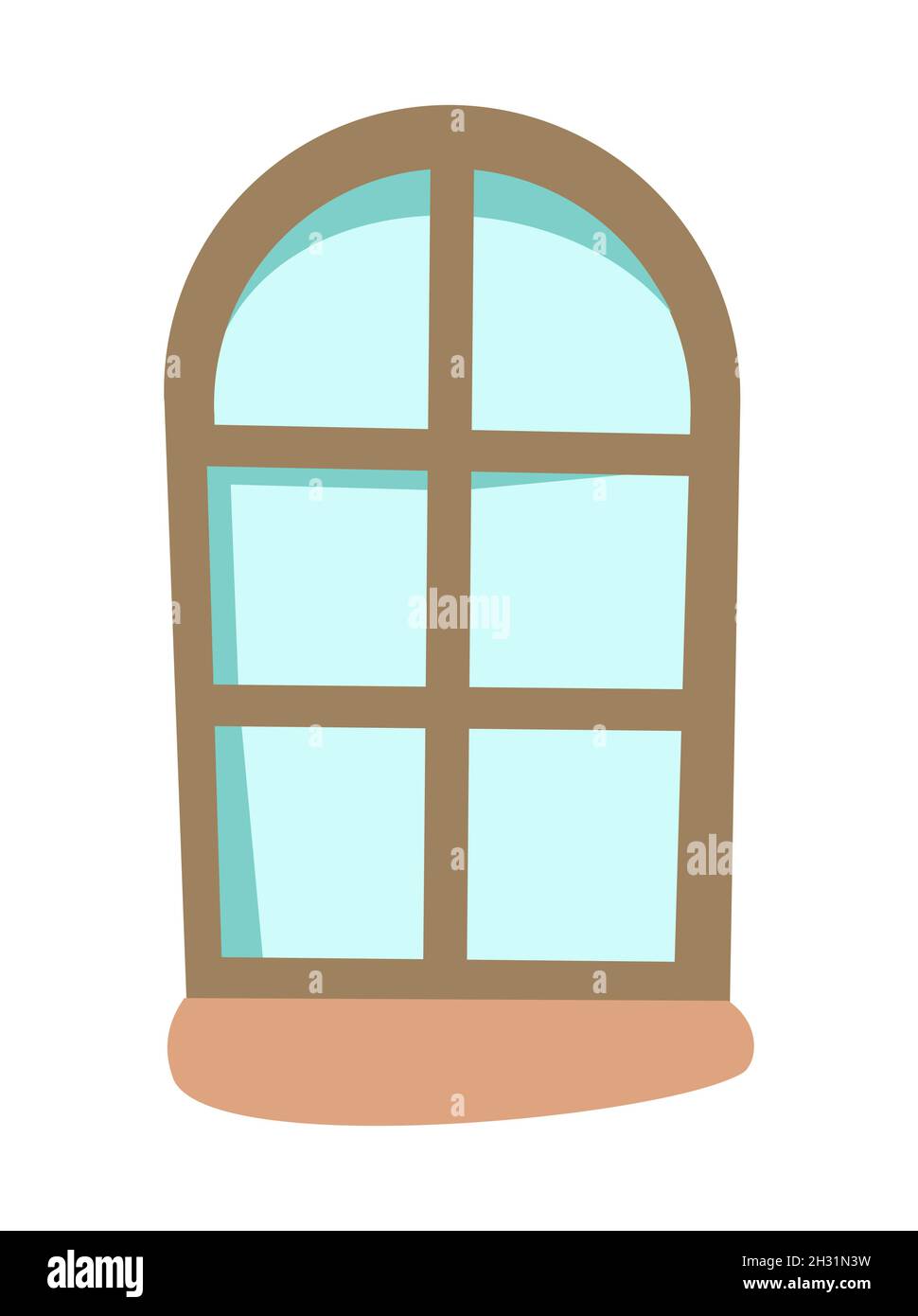Arch window. Round top rectangular frame. Blue glass. With a windowsill ...