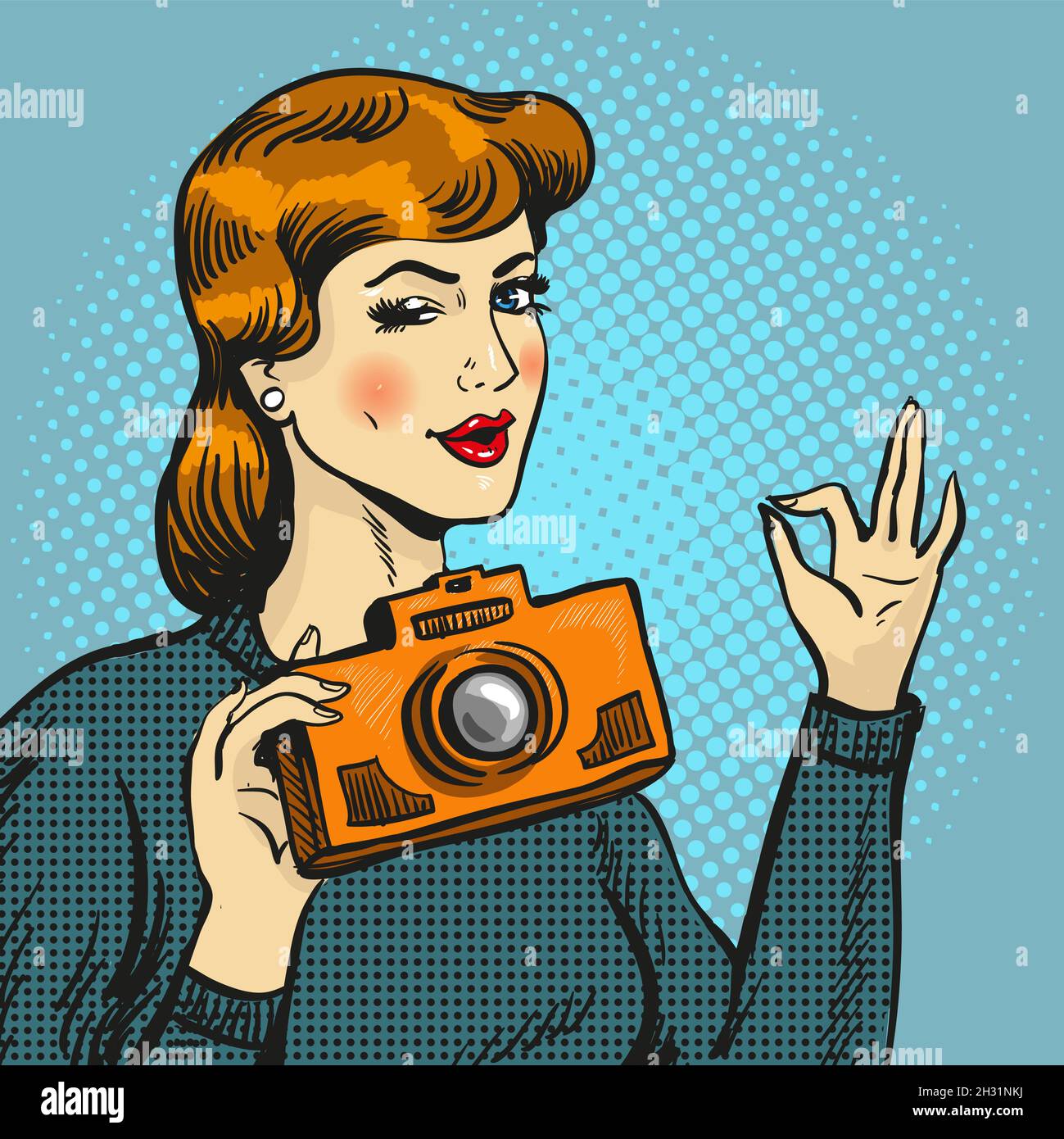 Vector Illustration Of Woman Taking Photo In Pop Art Style Stock Vector