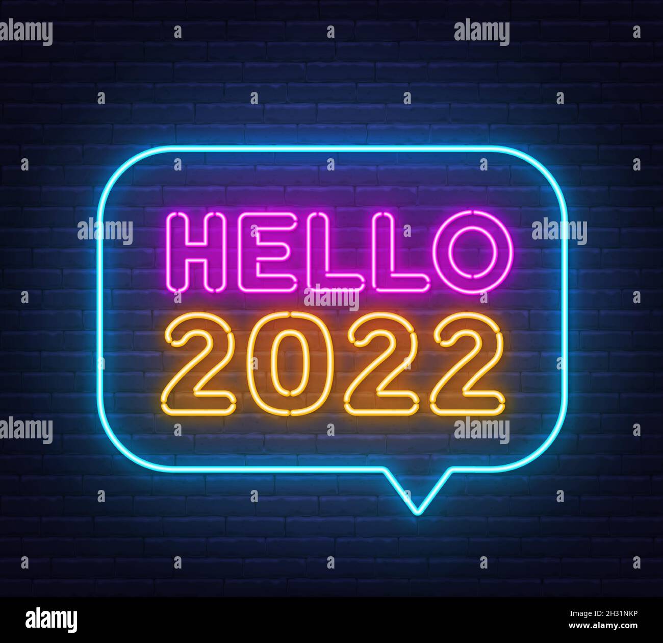 Hello 2022 neon sign in the speech bubble on brick wall background ...
